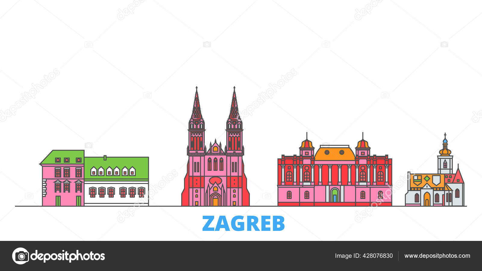 Croatia, Zagreb line cityscape, flat vector. Travel city landmark ...