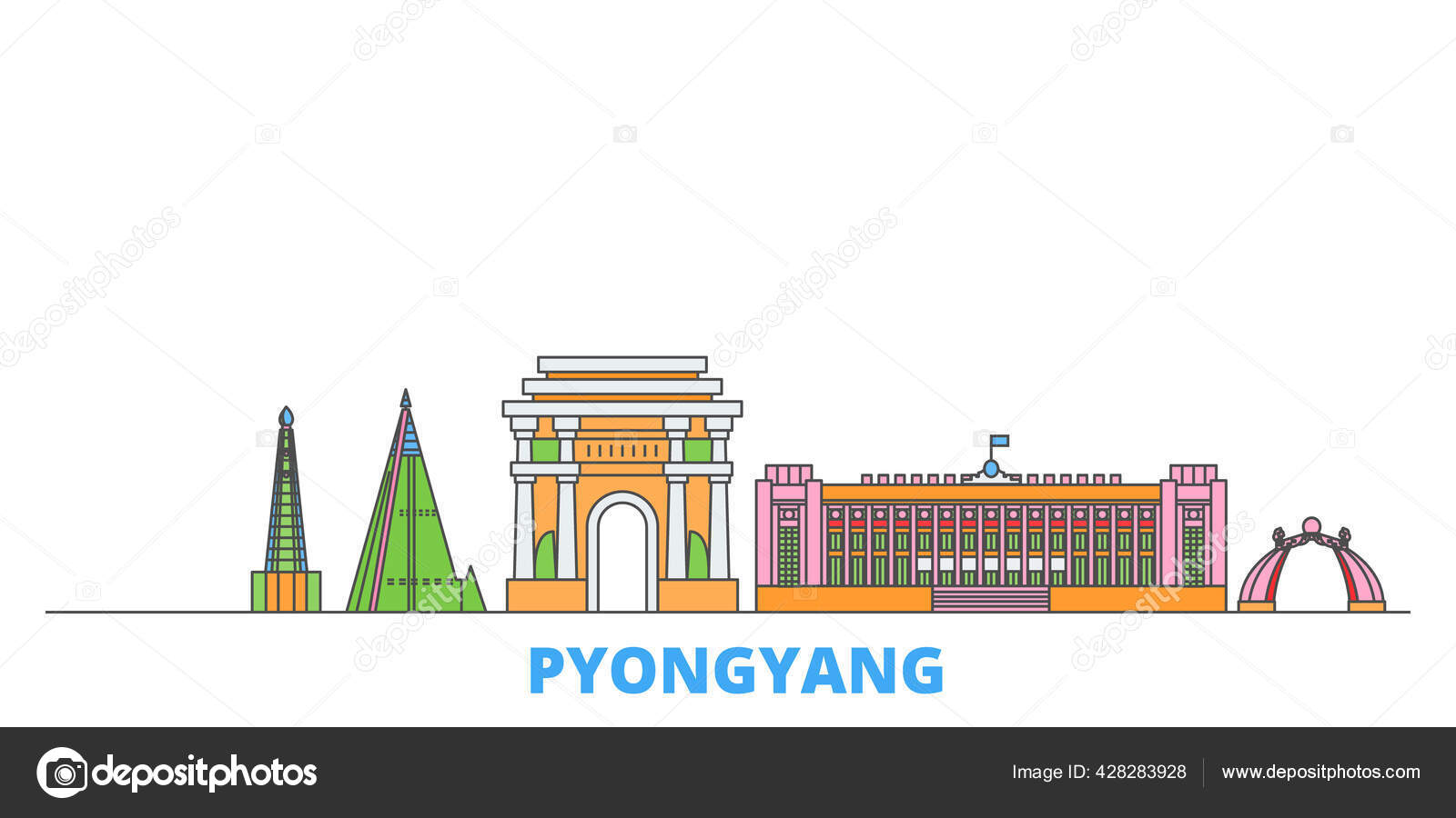 North Korea, Pyongyang line cityscape, flat vector. Travel city ...