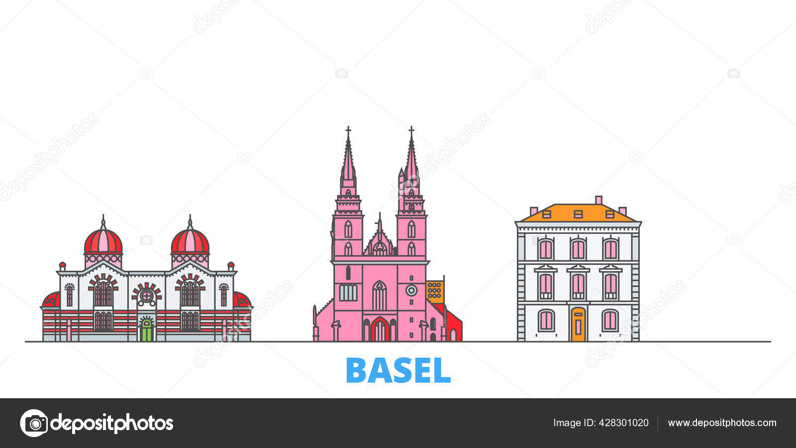 Switzerland, Basel line cityscape, flat vector. Travel city landmark ...