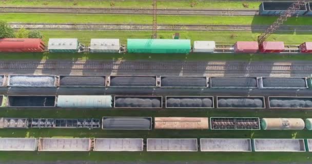 Freight trains top down view. A lot of freight trains top view. Flying ...