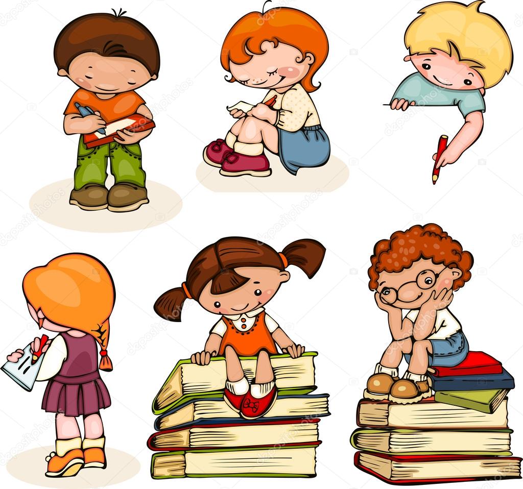 Children Reading And Writing Cartoon