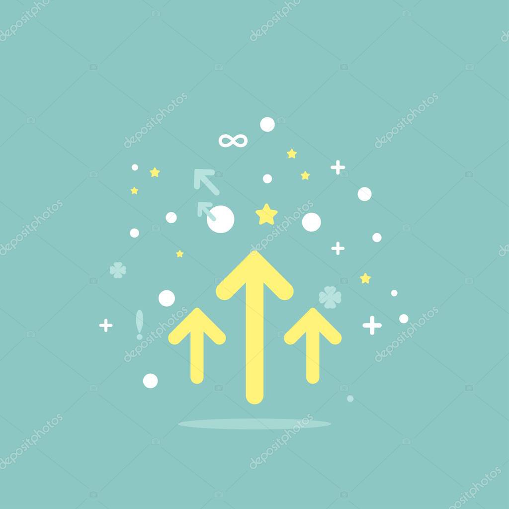 tres flechas amarillas con signos, puntos y estrellas sobre fondo azul ...