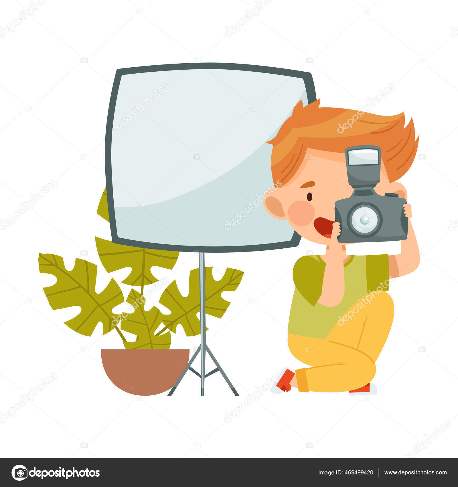 Cute Little Boy with Camera Taking Photograph Having Studio Lighting ...