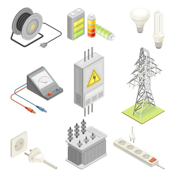 Electric power objects set. Battery and cable isometric vector ...