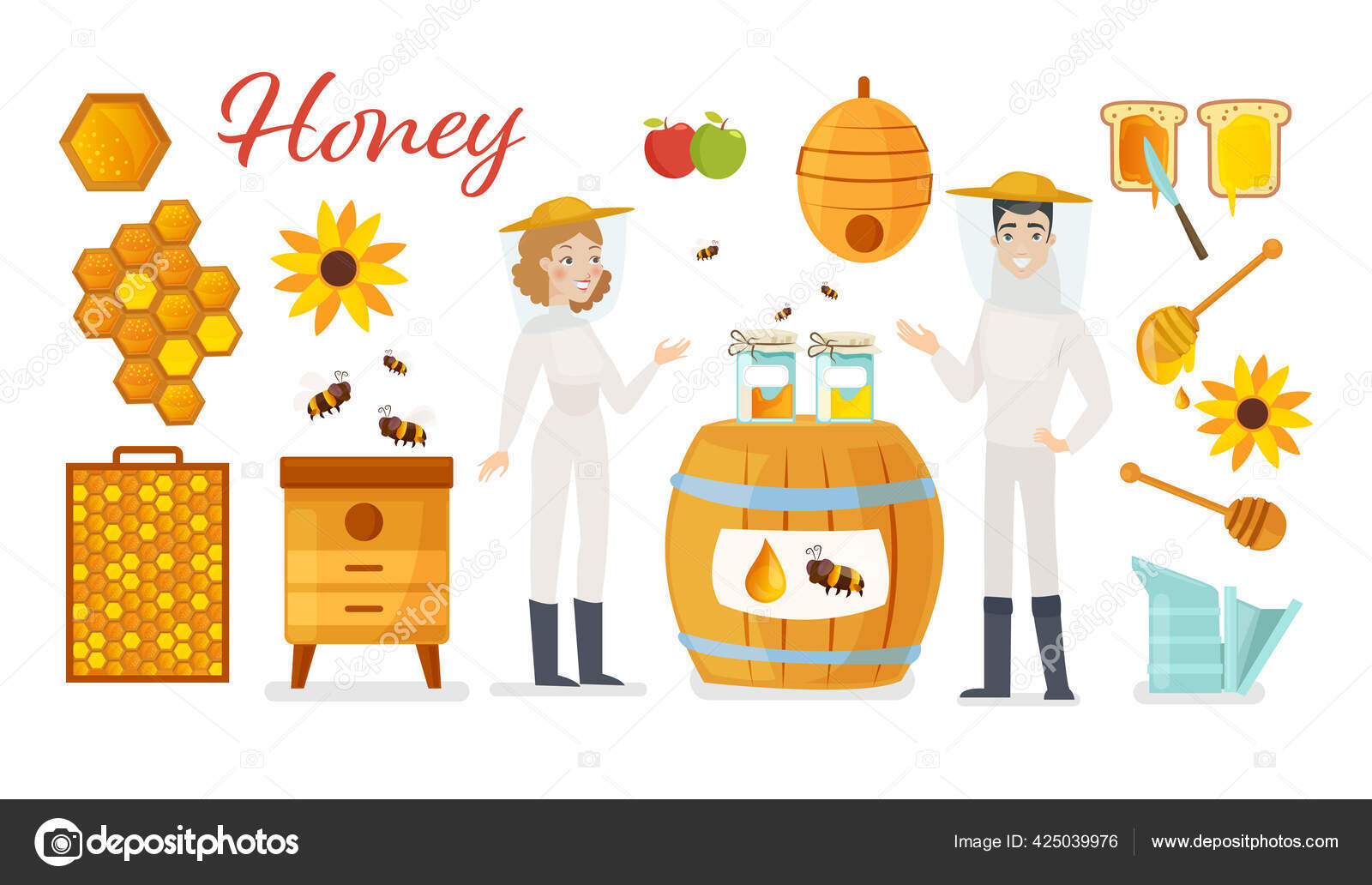 Beekeeping apiculture vector illustration icons set, cartoon flat ...