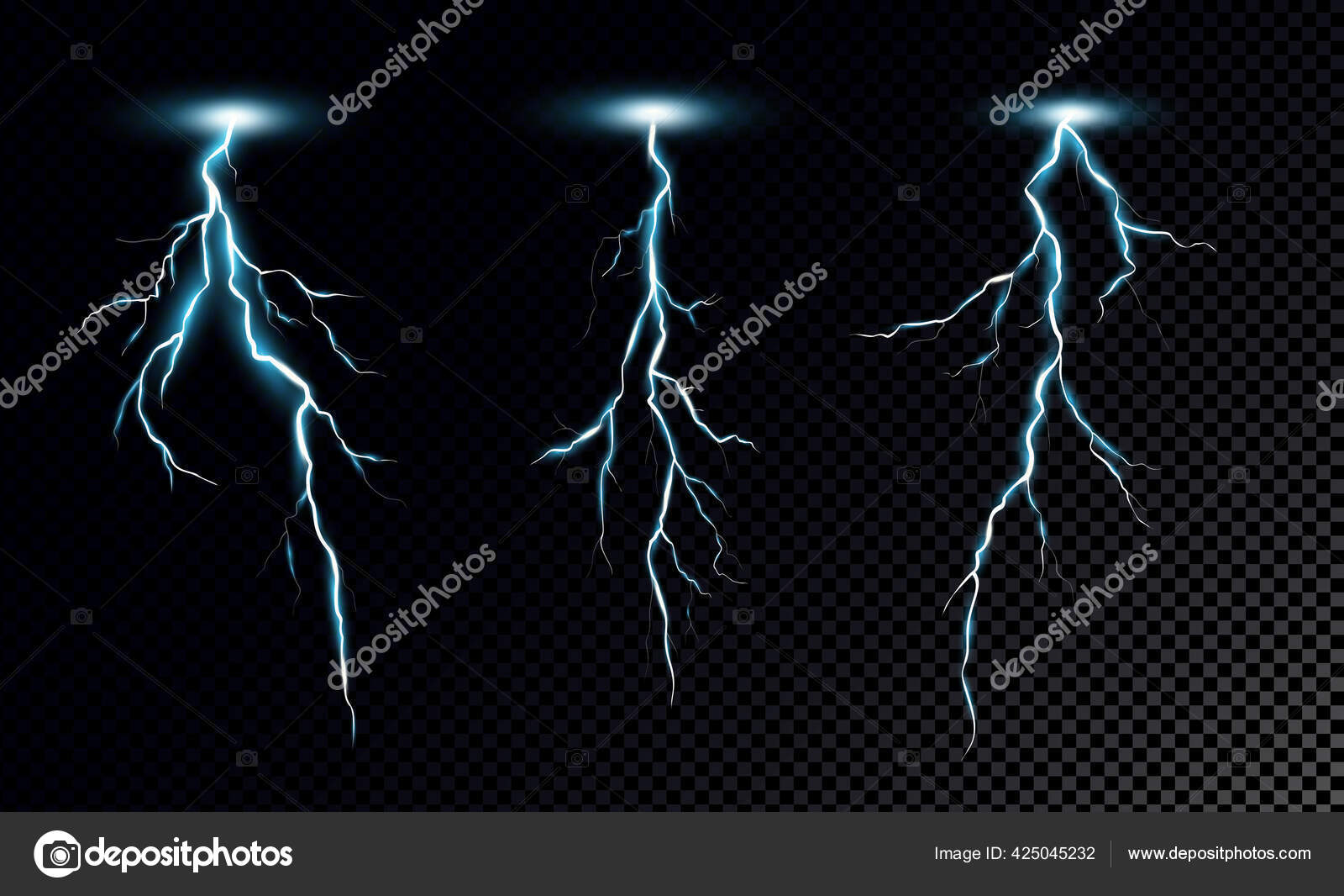 Lightning bolts realistic vector illustrations set. Thunderstorm ...