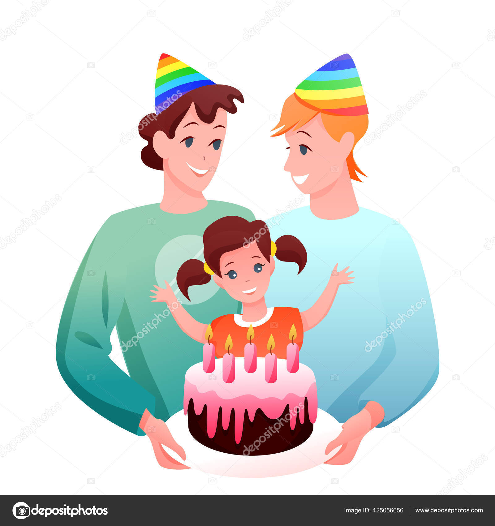 男同性恋、女同性恋、双性恋和变性者家庭庆祝矢量图解,卡通片平易近人的两个男同性恋父亲角色庆祝女儿的生日,女孩被白色隔离 图库矢量图©nataliia2910 425056656