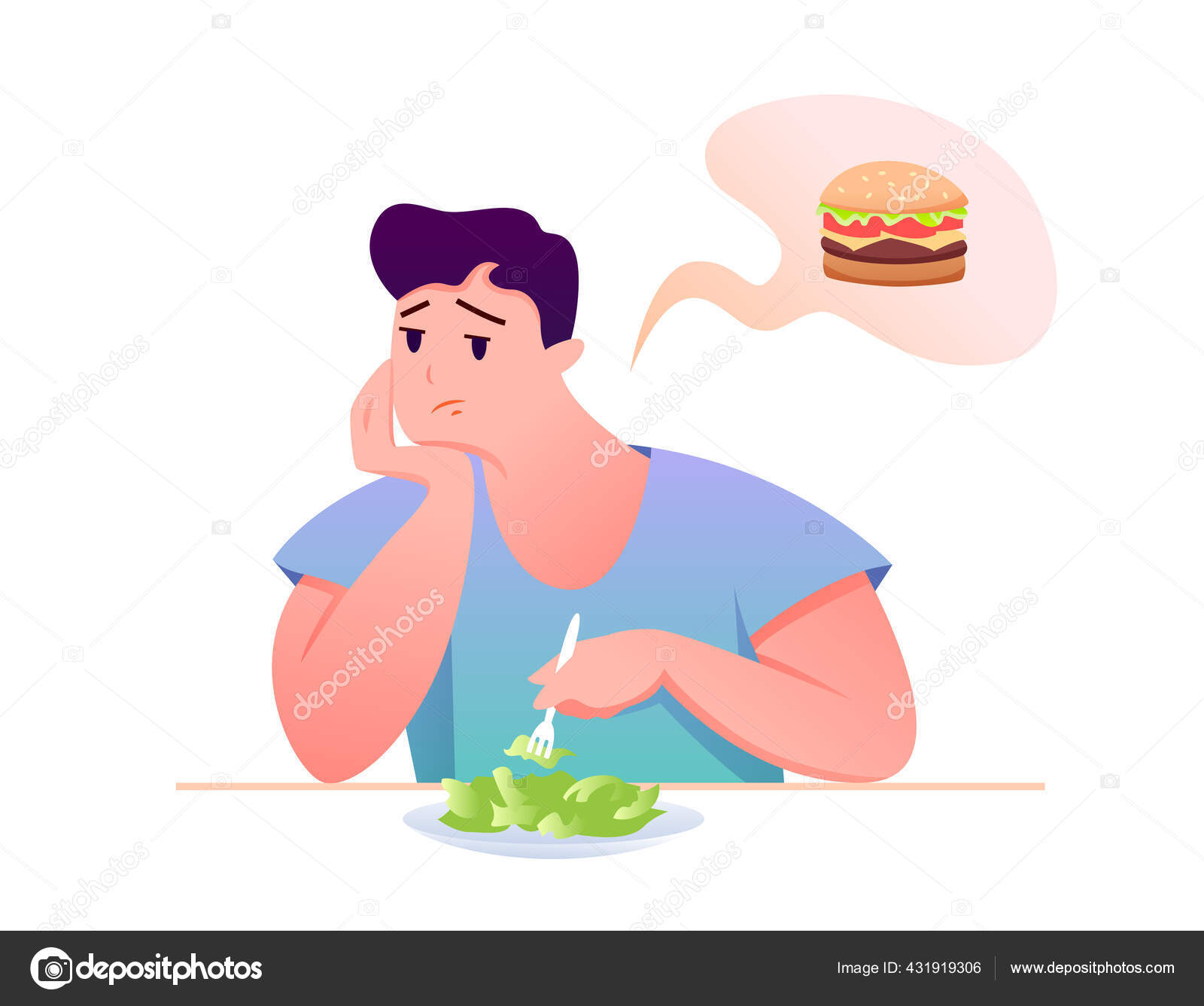 Triste chico gordo comer ensalada verde vector ilustración. Personaje ...