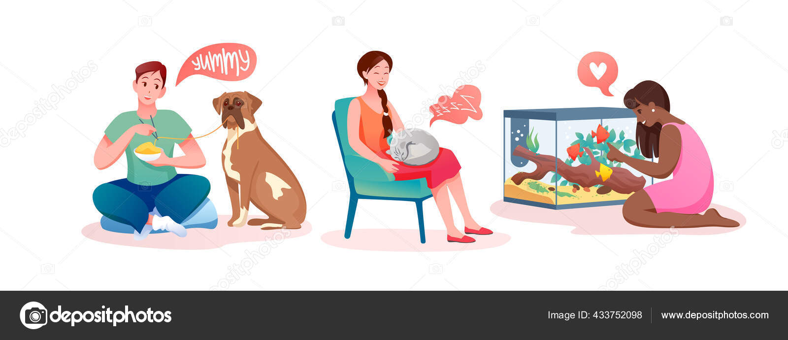 Cartoon owner characters feeding, hugging and communicating with dog ...