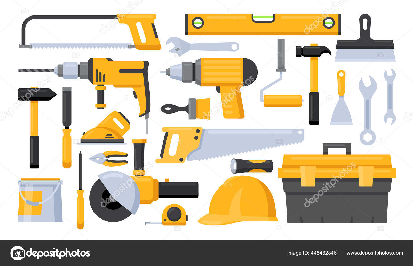Repair worker tools vector illustration set. Cartoon yellow hand ...