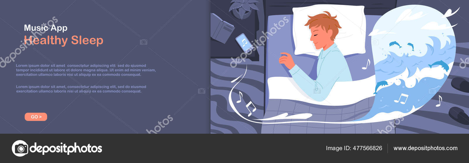 Healthy sleep at night, young man listening calm music in phone, lying ...
