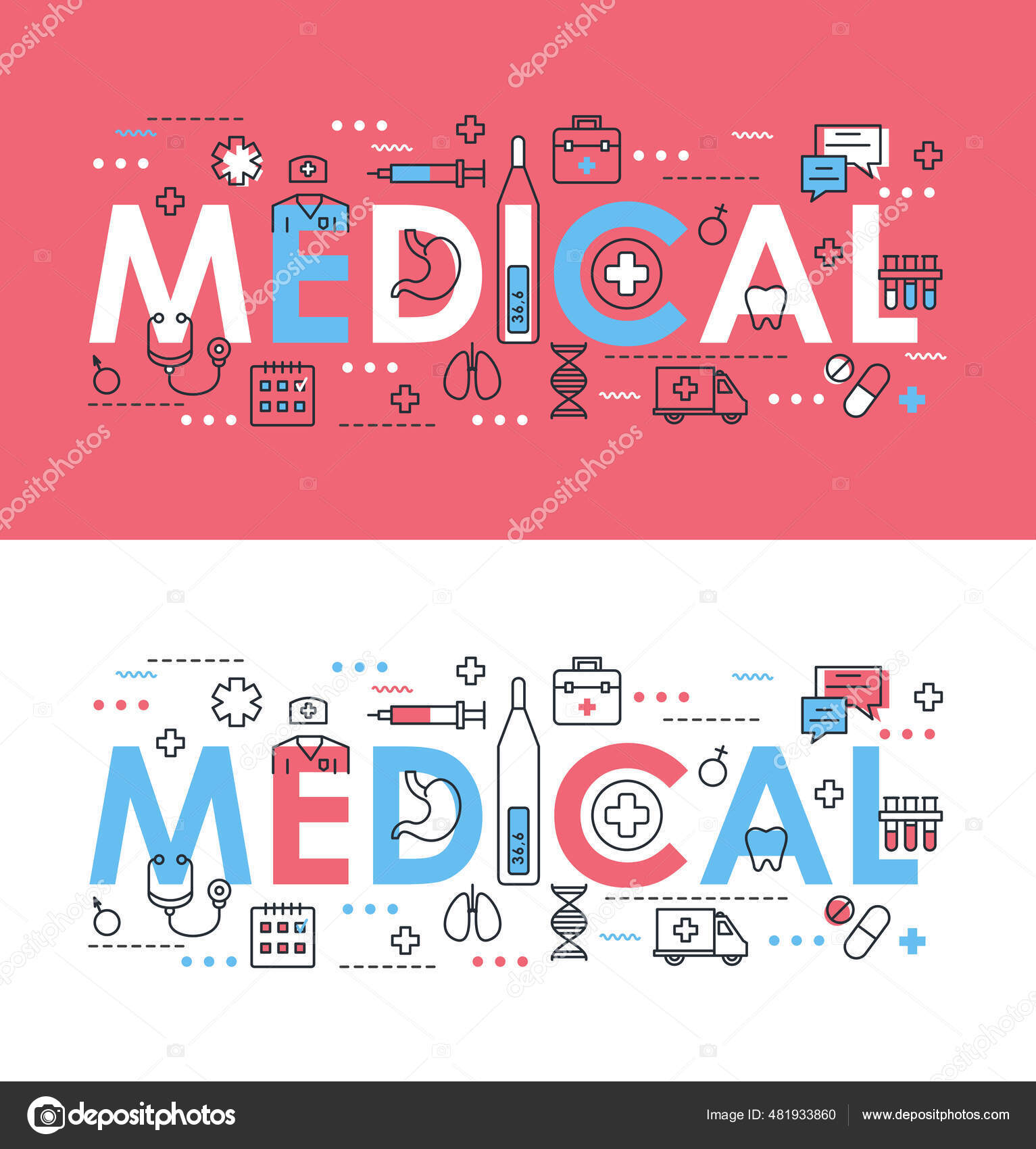 Medical word thin line vector illustration set with medicine and health ...