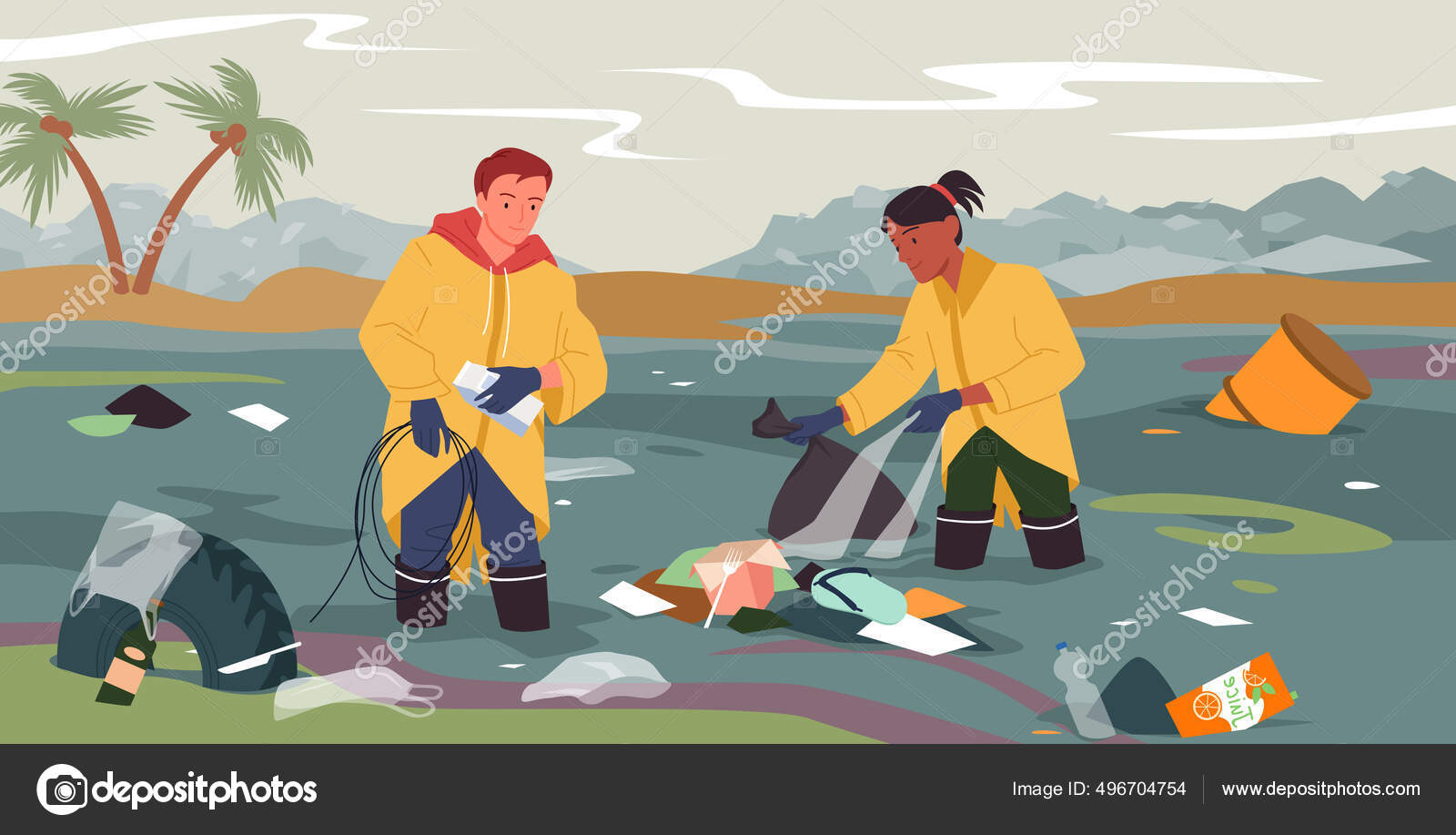 People clean dirty river from garbage, polluted beach cleanup ...