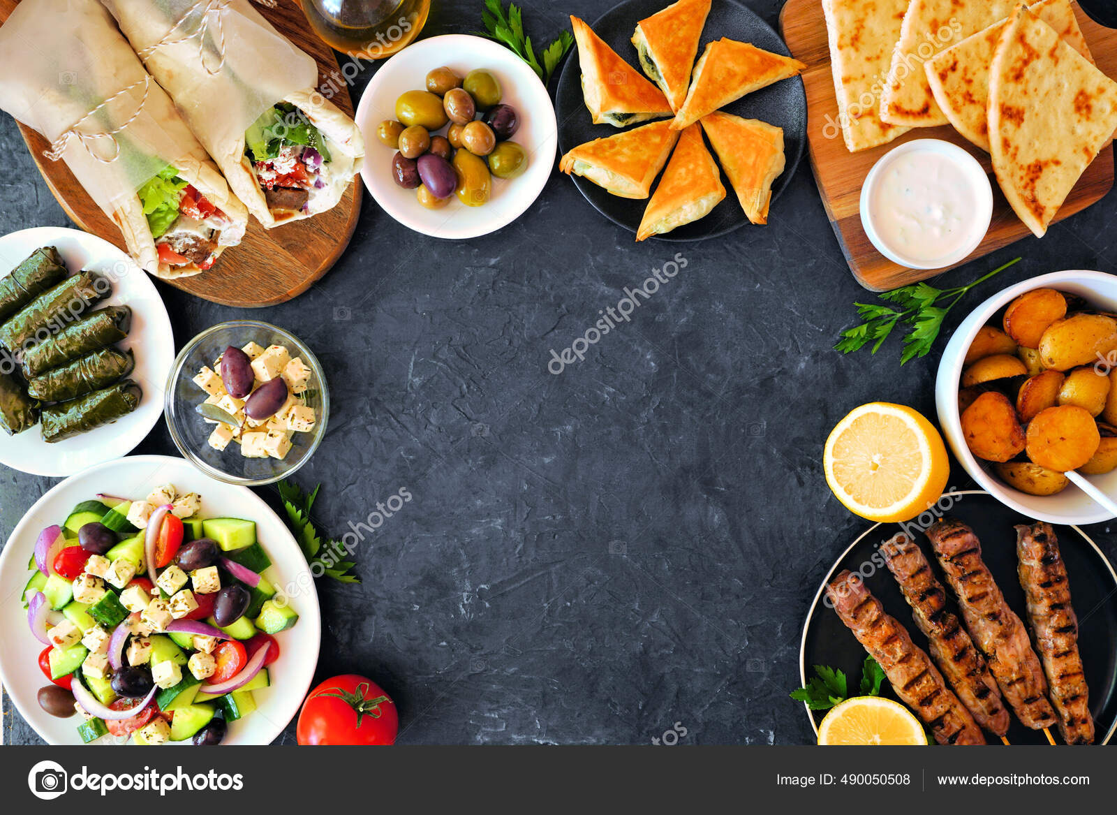 Greek Food Frame Top View Dark Background Souvlaki Gyros Wraps Stock ...