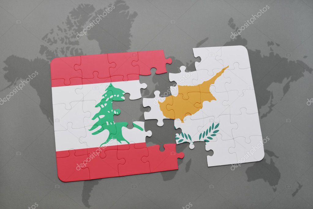 Puzzle with the national flag of lebanon and cyprus on a world map ...