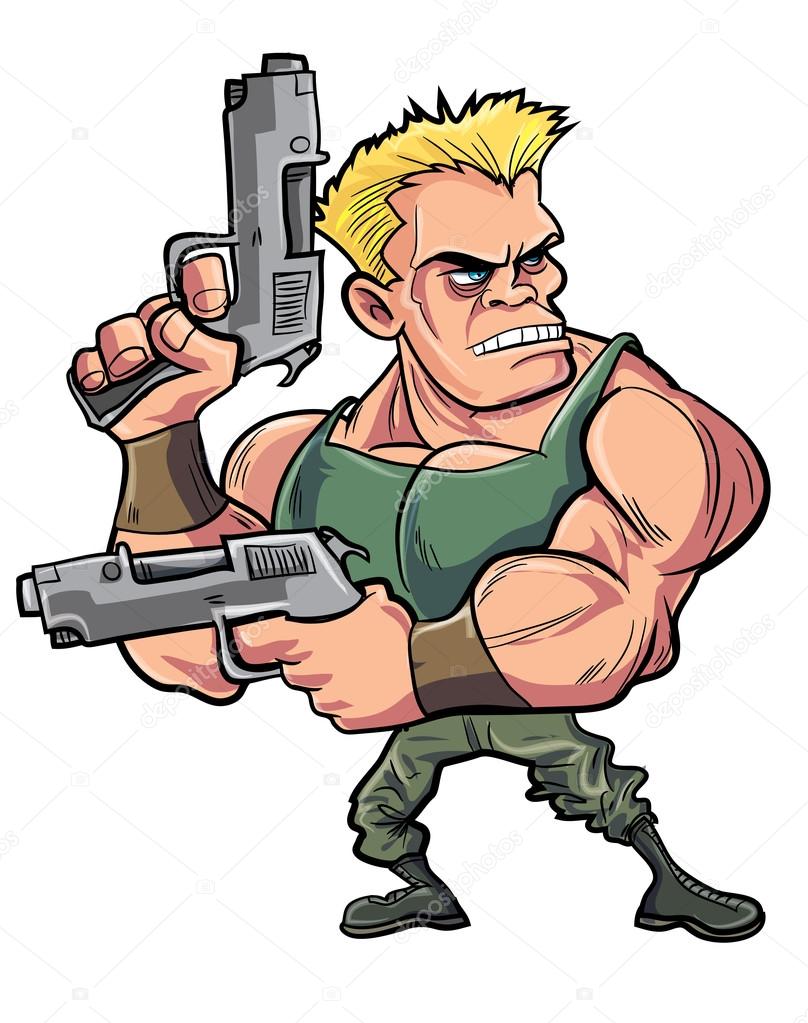 Image vectorielle Dessin animé soldat musclé avec deux pistolets par ...