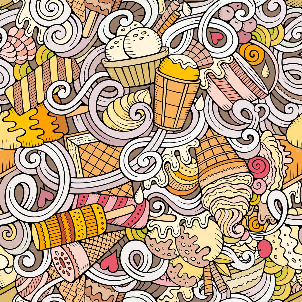 Cartoon Hand Drawn Ice Cream Doodles Seamless Pattern Stock Vector