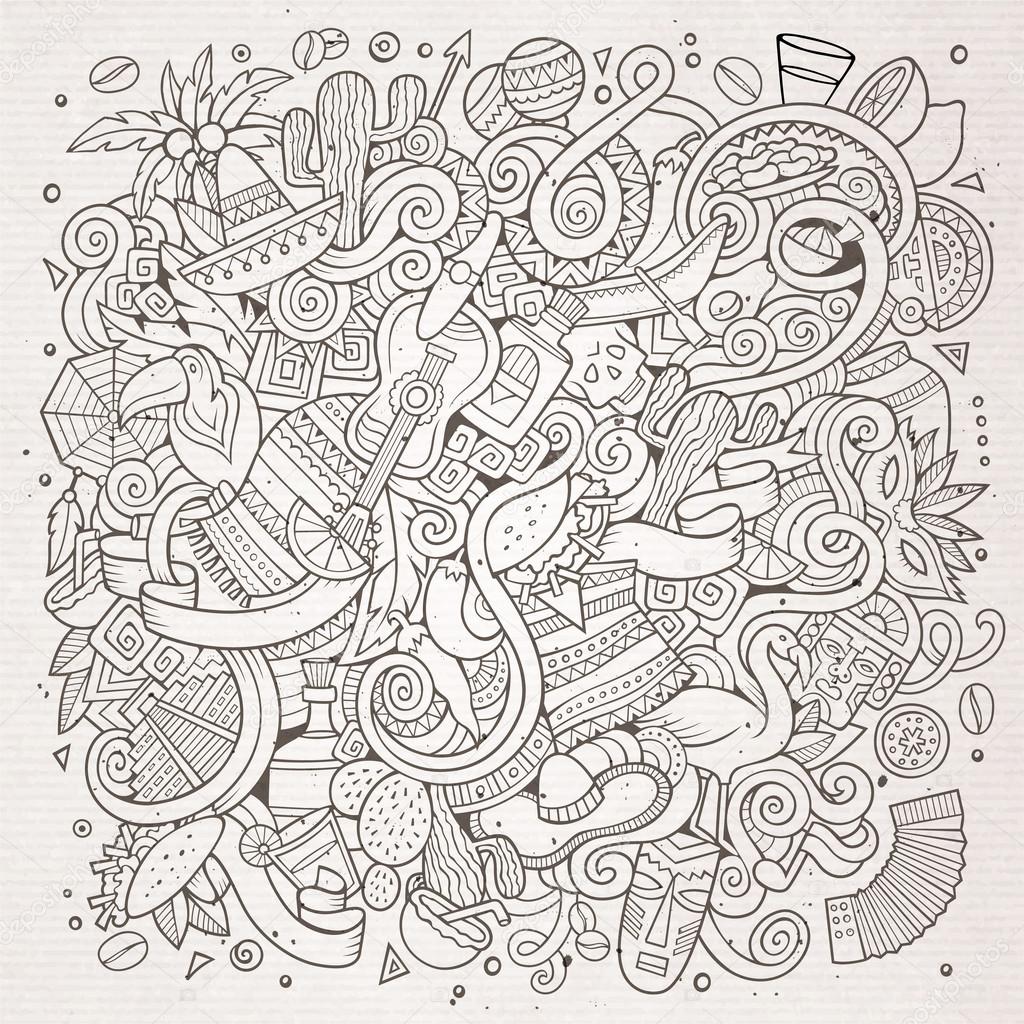 Cartoon hand-drawn doodles Latin American illustration. Line art Stock ...