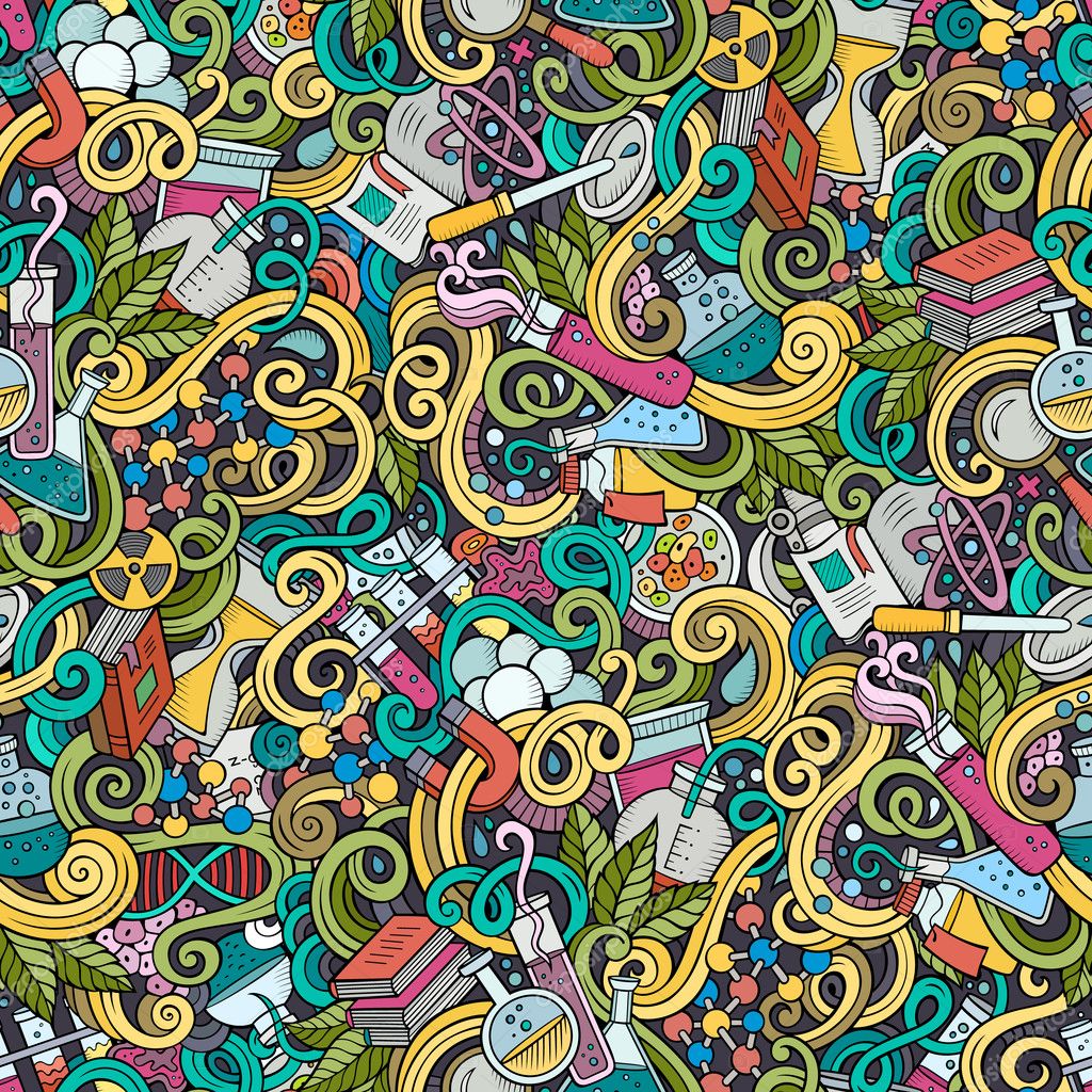 Cartoon hand-drawn science doodles seamless pattern Stock Illustration ...