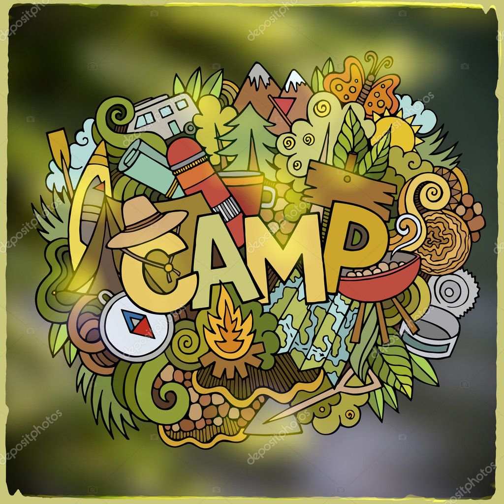 Summer camp hand lettering and doodles elements background Stock Vector ...