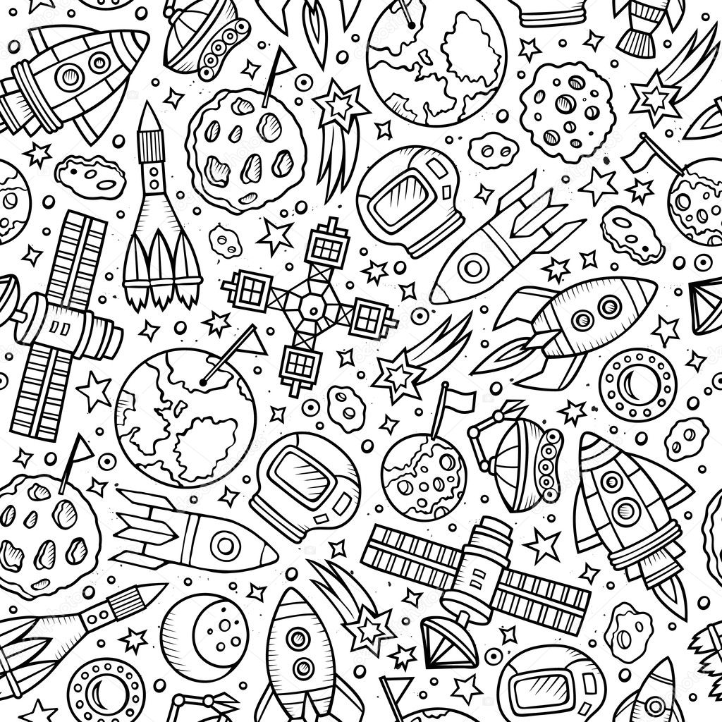 Cartoon hand-drawn space, planets seamless pattern Stock Vector Image ...