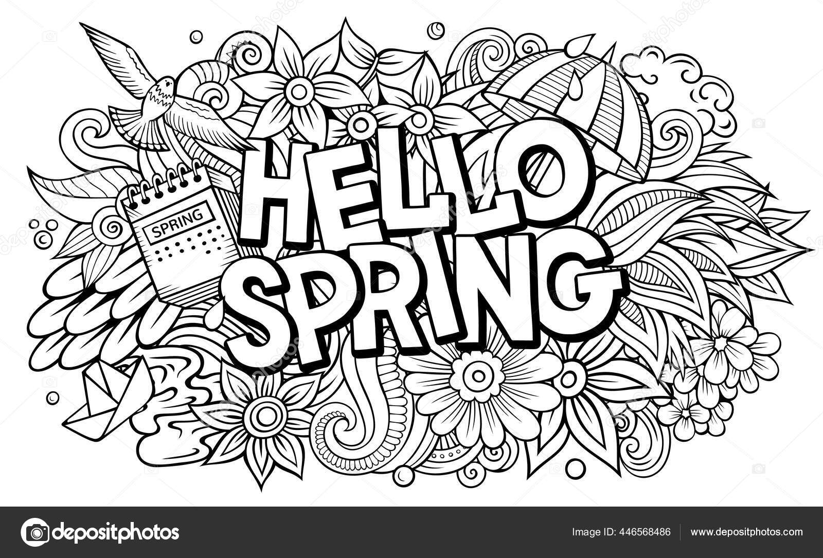 Hello Spring hand drawn cartoon doodles illustration. Funny seasonal ...