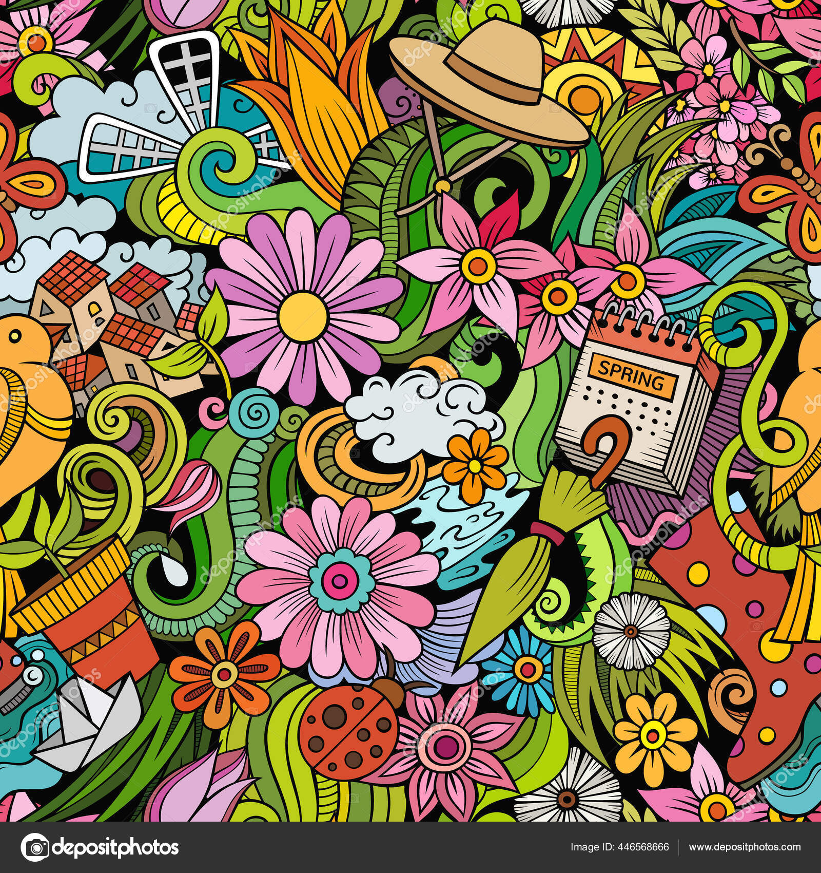 Cartoon doodles Spring seamless pattern. Stock Illustration by ...