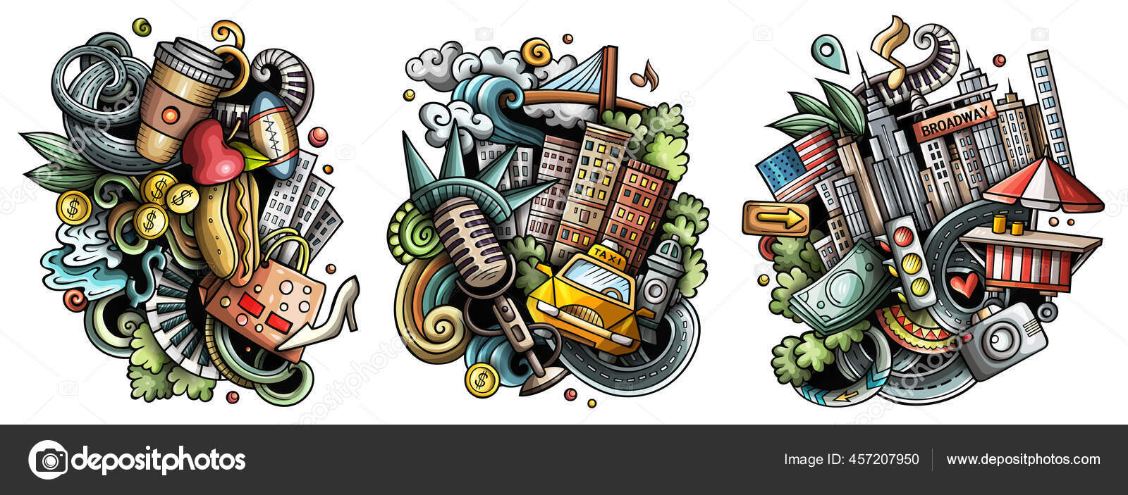 New York Cartoon Raster Doodle Designs Set Colorful Detailed ...