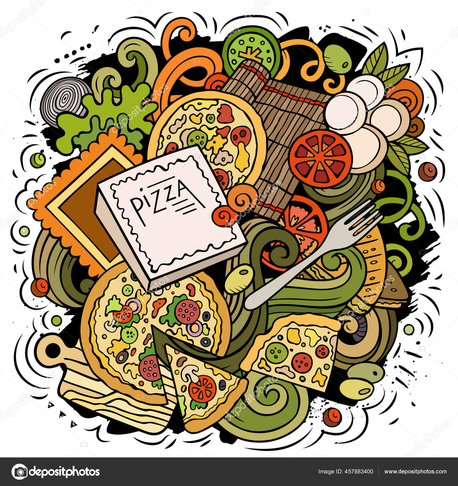 Pizza Cartoon Doodle Illustration Funny Creative Raster Background ...