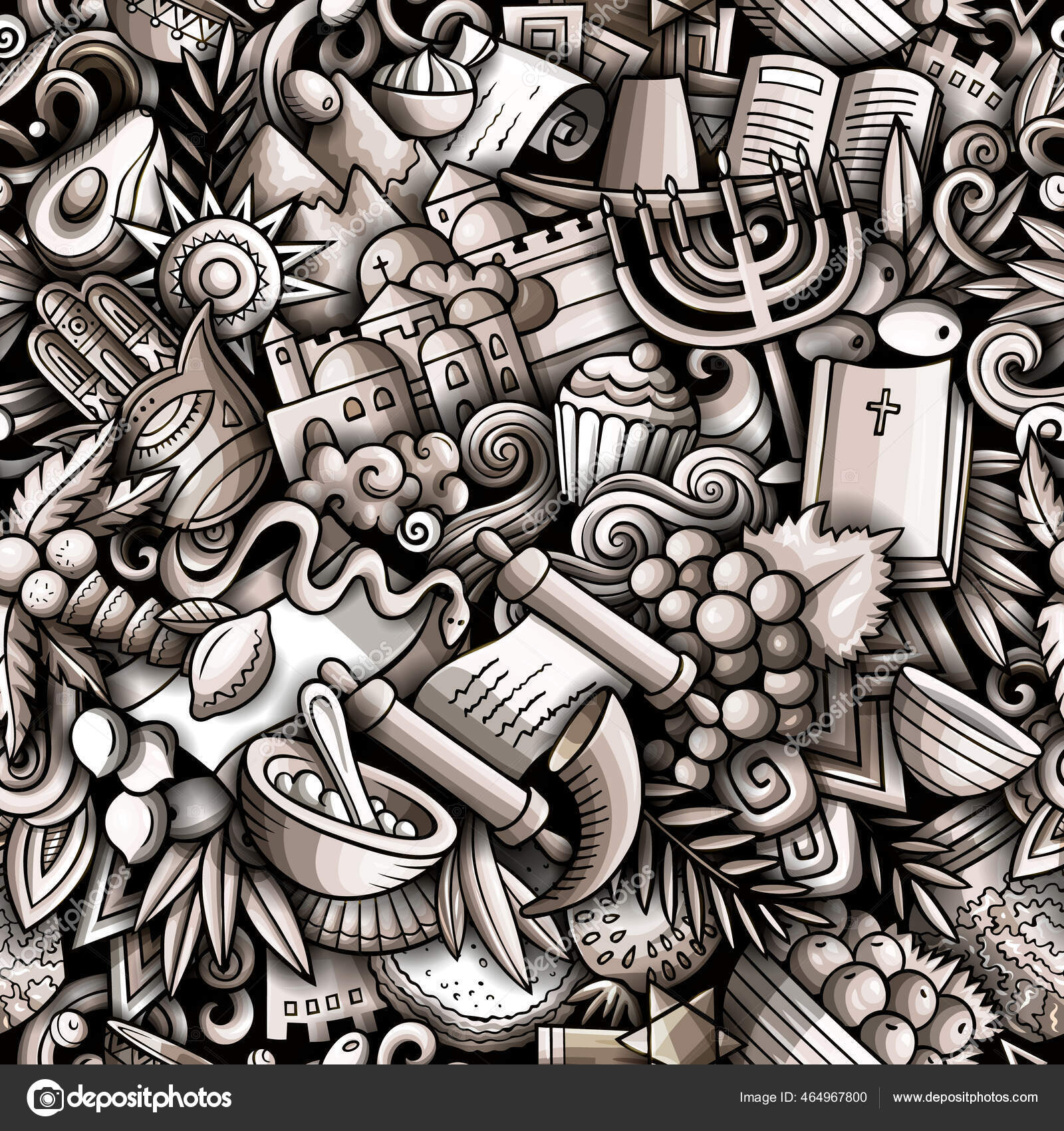 Cartoon Doodles Israel Seamless Pattern Backdrop Israeli Culture ...