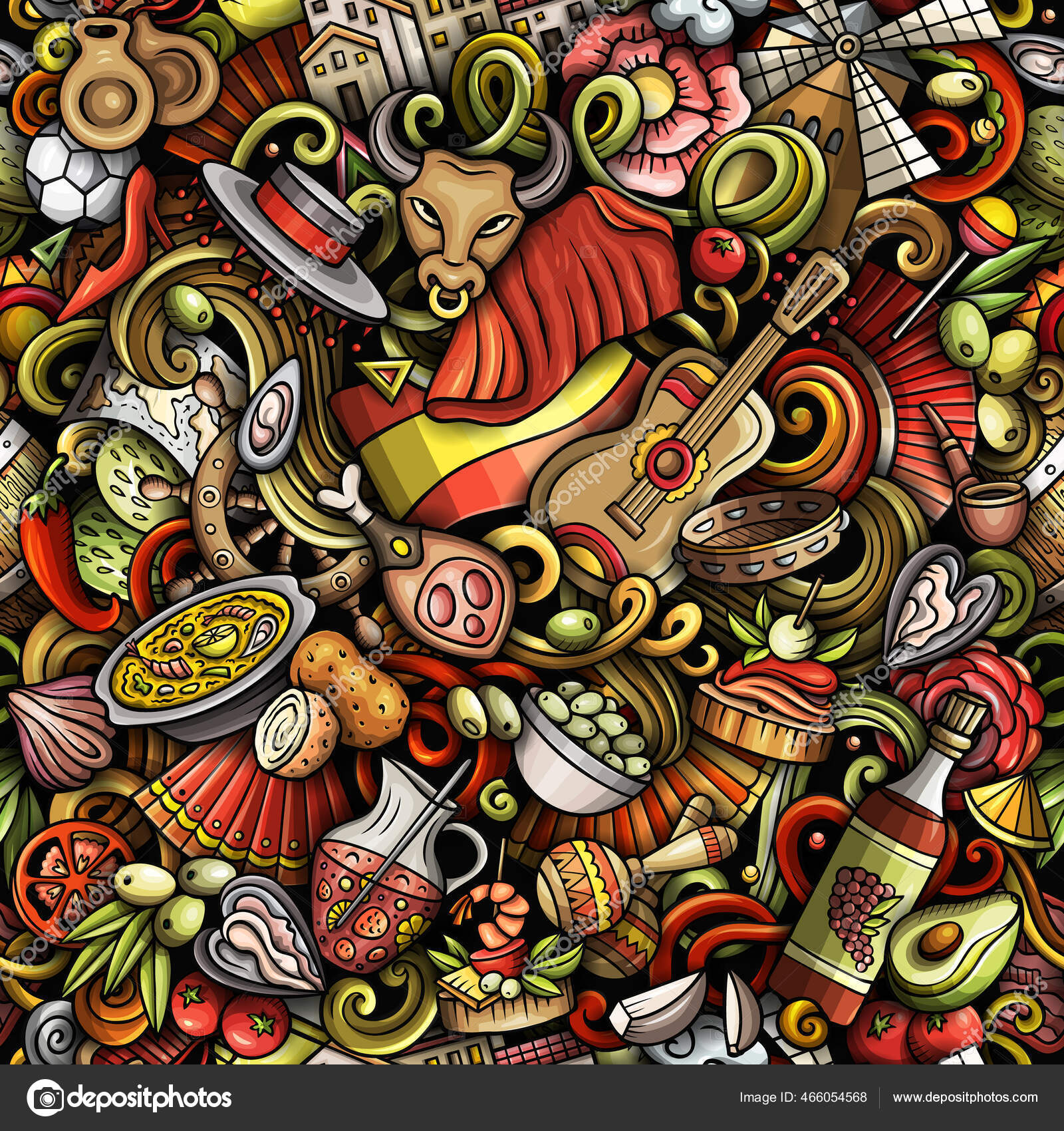 Cartoon Doodles Spain Seamless Pattern Backdrop Spanish Culture Symbols ...