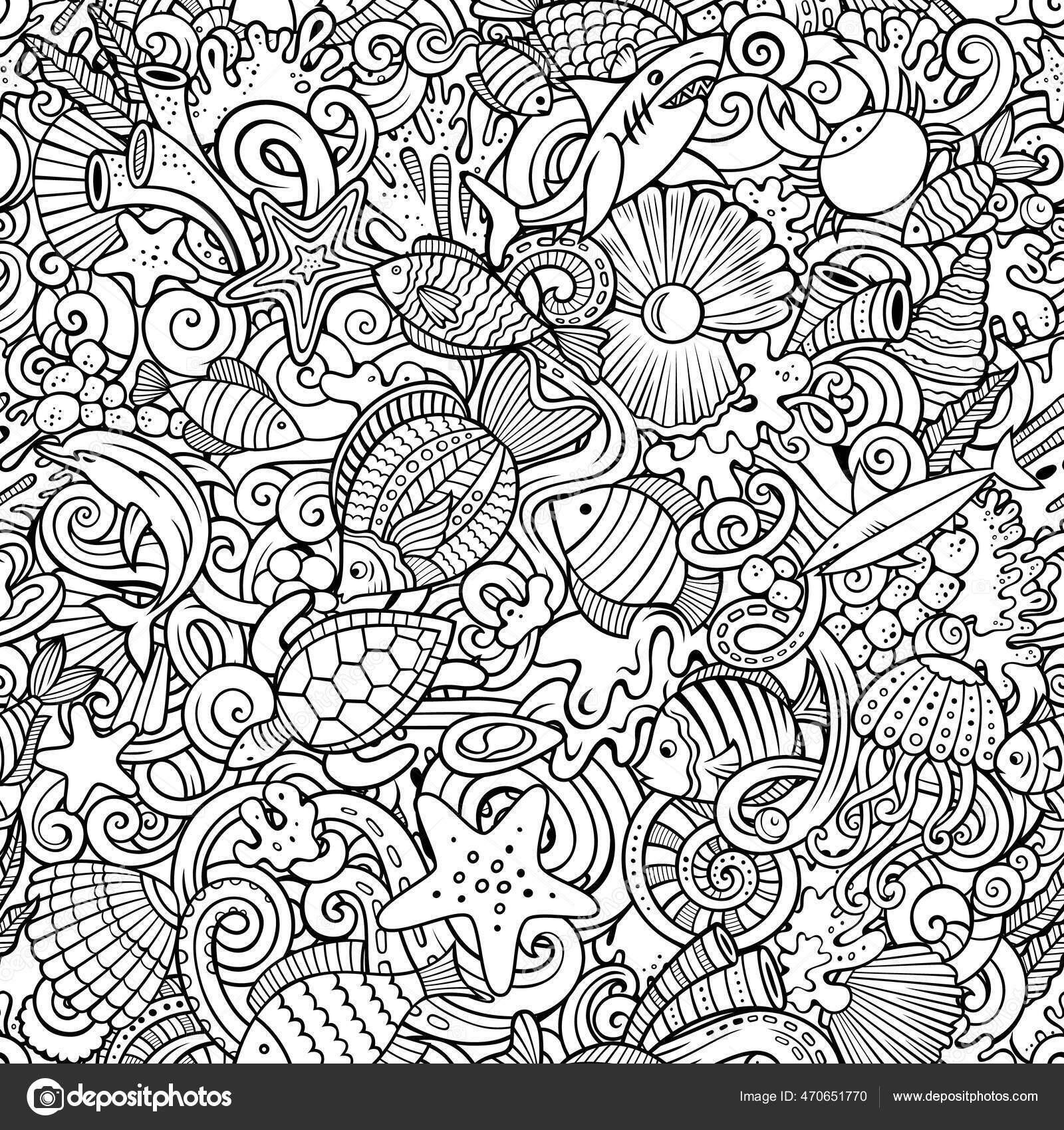 Cartoon Doodles Sea Life Seamless Pattern Backdrop Underwater Symbols ...