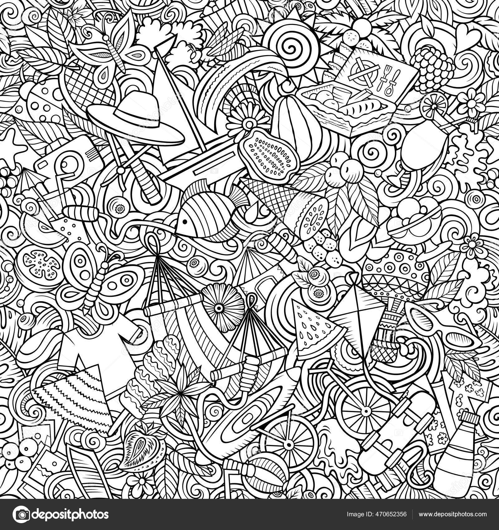 Cartoon Doodles Summer Seamless Pattern Backdrop Summertime Activities ...