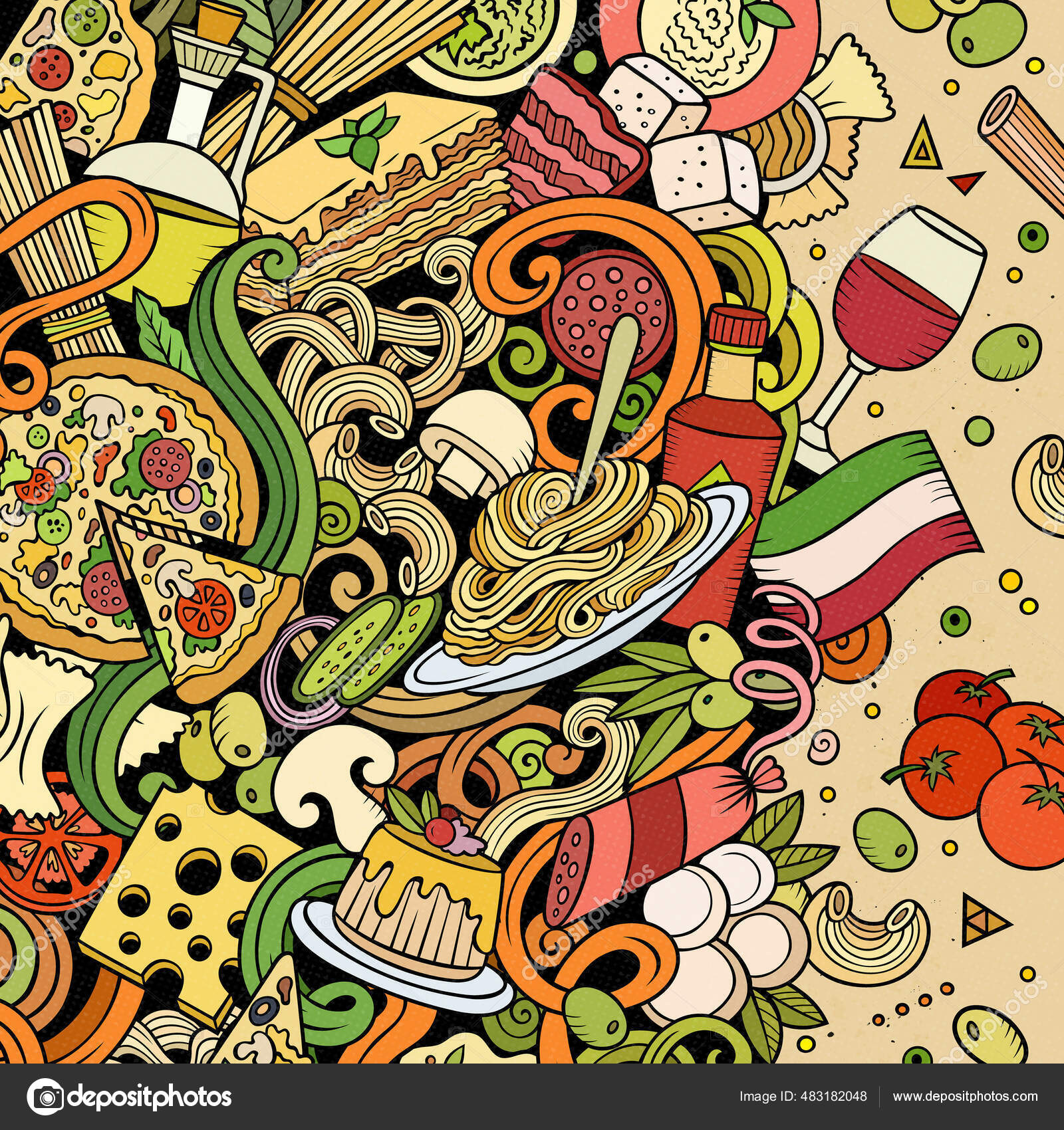Cartoon Vector Doodles Italian Food Frame Colorful Detailed Lots ...