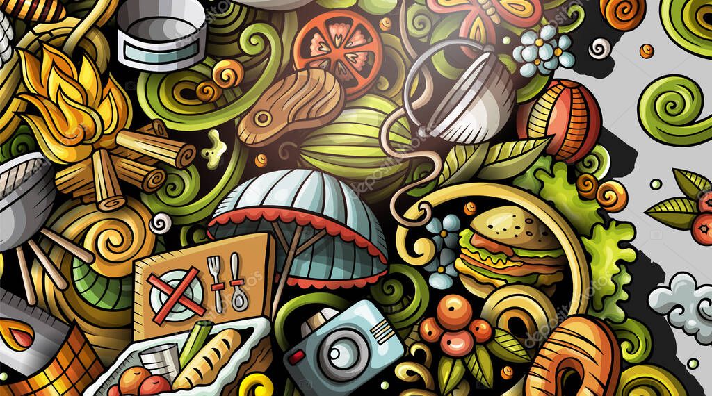 Picnic dibujado a mano doodle banner. Caricatura raster folleto ...