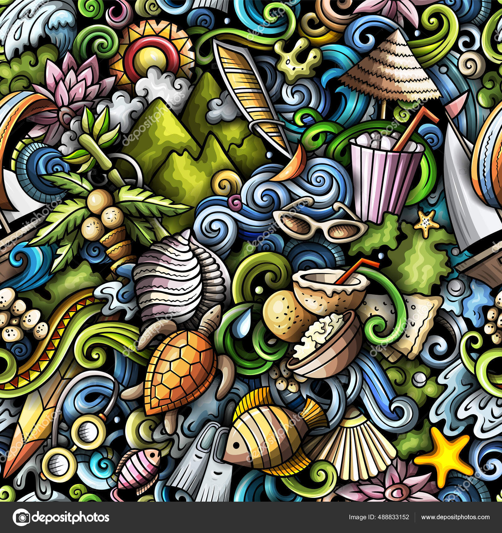 Cartoon Doodles Mauritus Seamless Pattern Backdrop Mauritian Culture ...