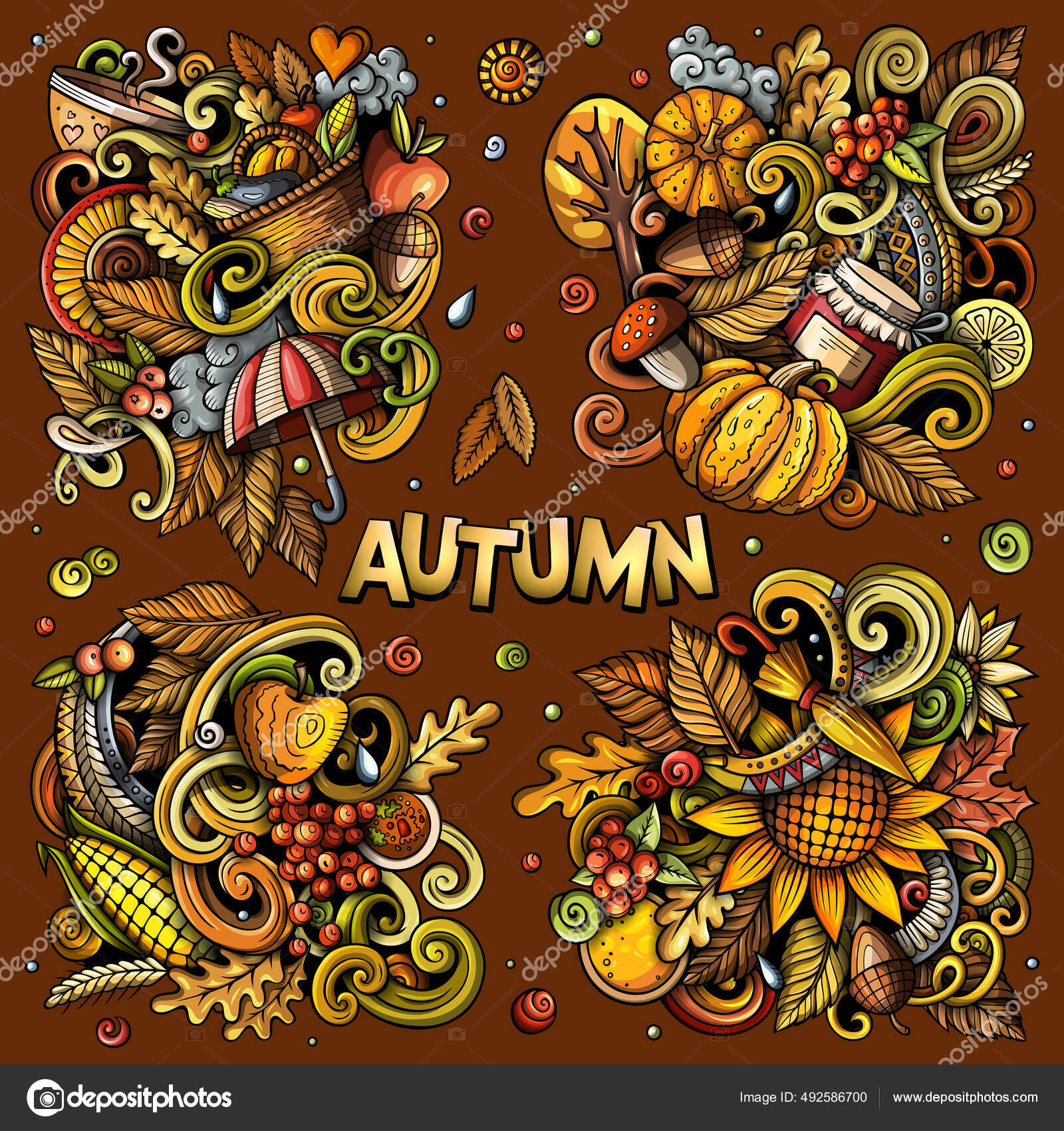 Autumn Cartoon Raster Doodle Designs Set Colorful Detailed Compositions ...