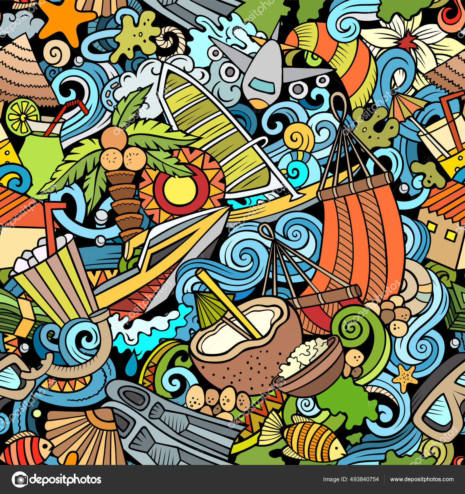 Cartoon Doodles Maldives Seamless Pattern Backdrop Maldivian Culture ...