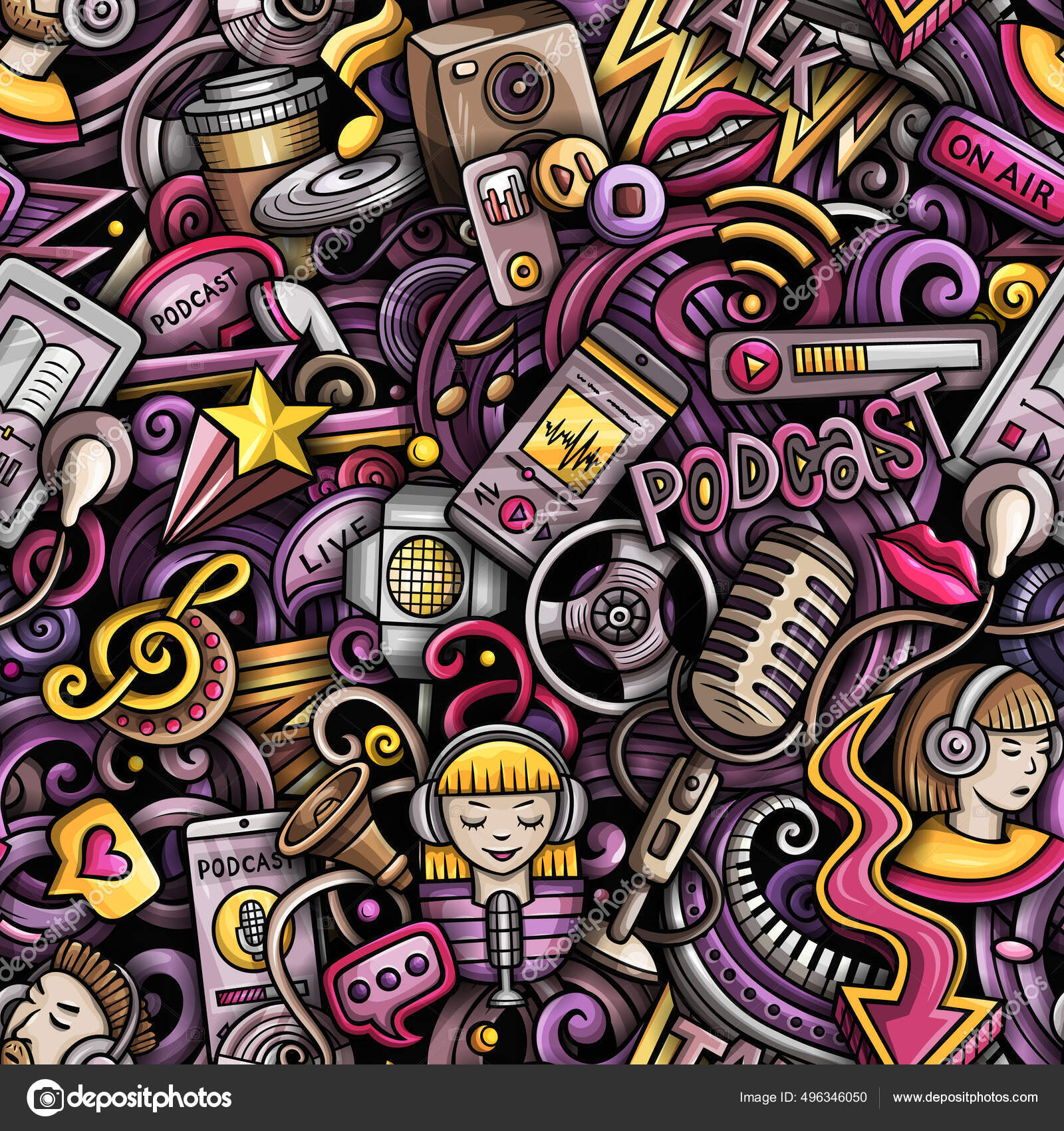 Cartoon Doodles Audio Content Seamless Pattern Backdrop Podcasts ...