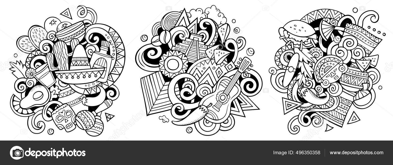 Mexico Cartoon Raster Doodle Designs Set Sketchy Detailed Compositions ...