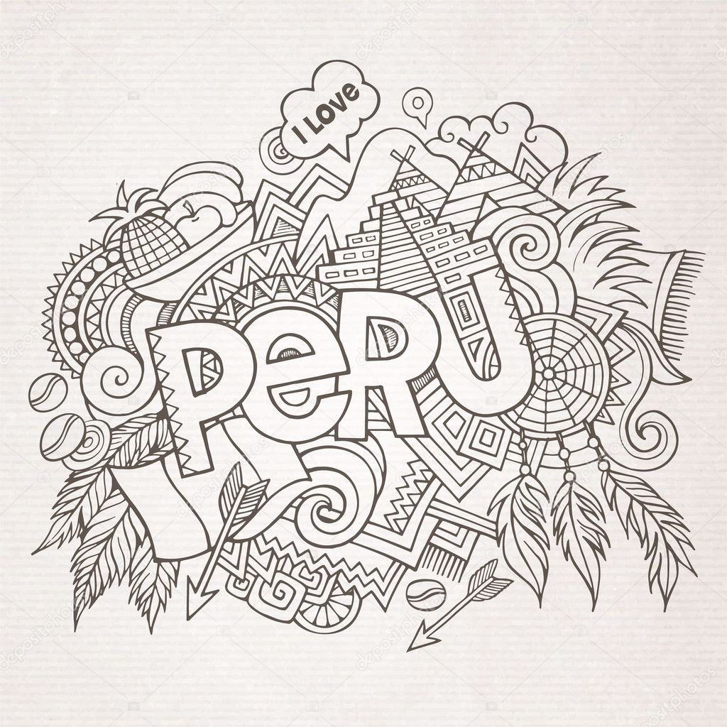 Perú letras de mano y doodles elementos de fondo Vector de stock ...
