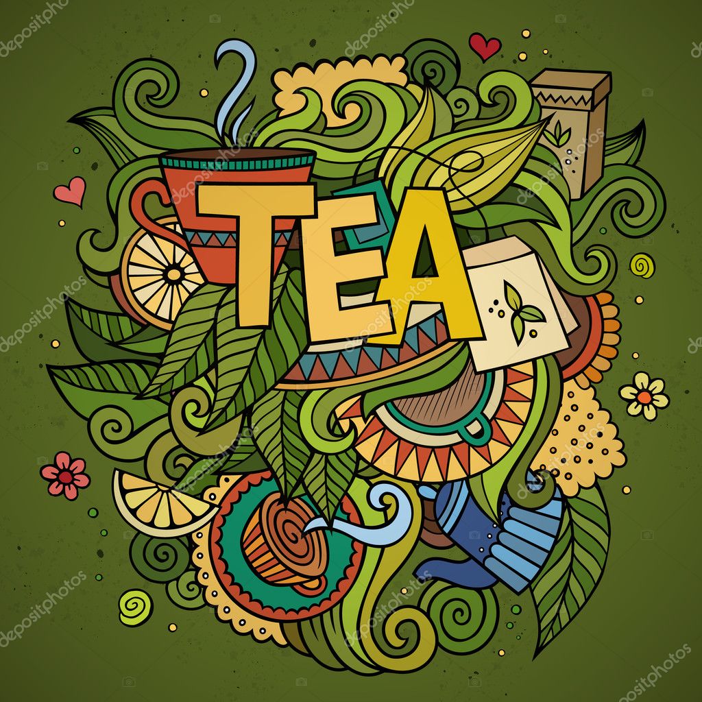 Tea hand lettering and doodles elements background. Stock Vector by ...