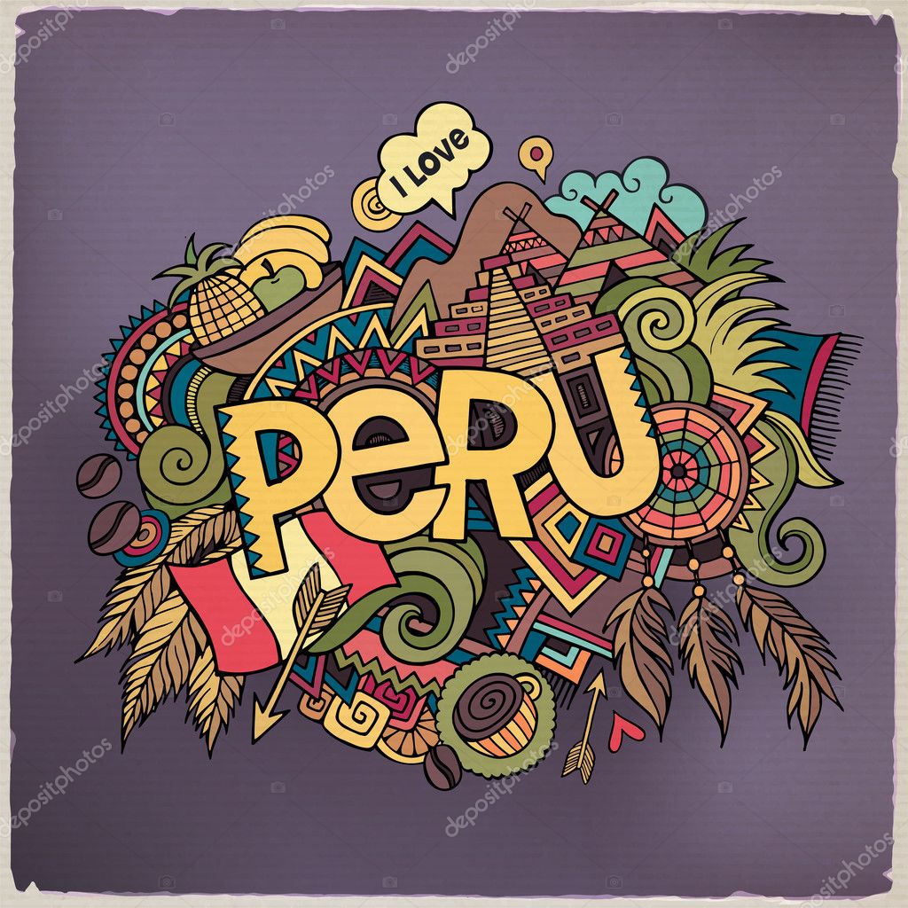 Perú letras de mano y doodles elementos de fondo . vector, gráfico ...