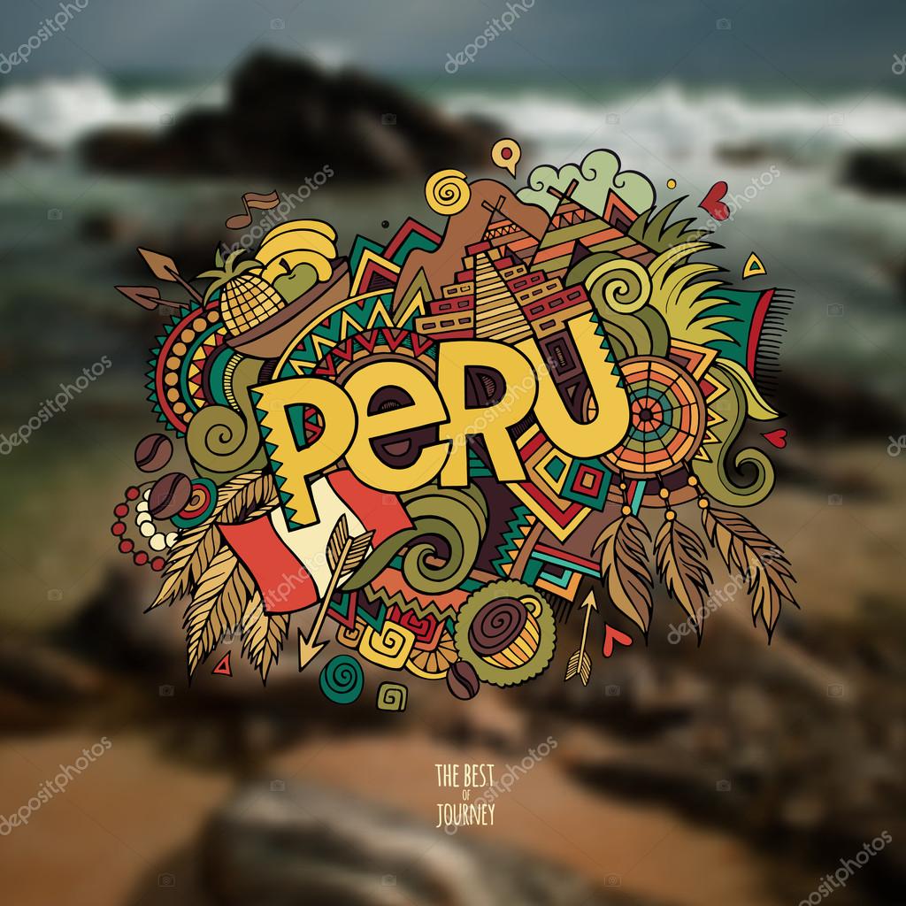 Perú letras de mano y doodles elementos de fondo . Vector de Stock de ...