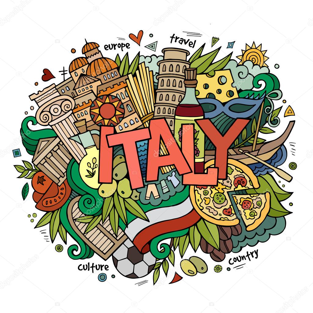 Italia letras a mano y doodles elementos fondo vector, gráfico ...