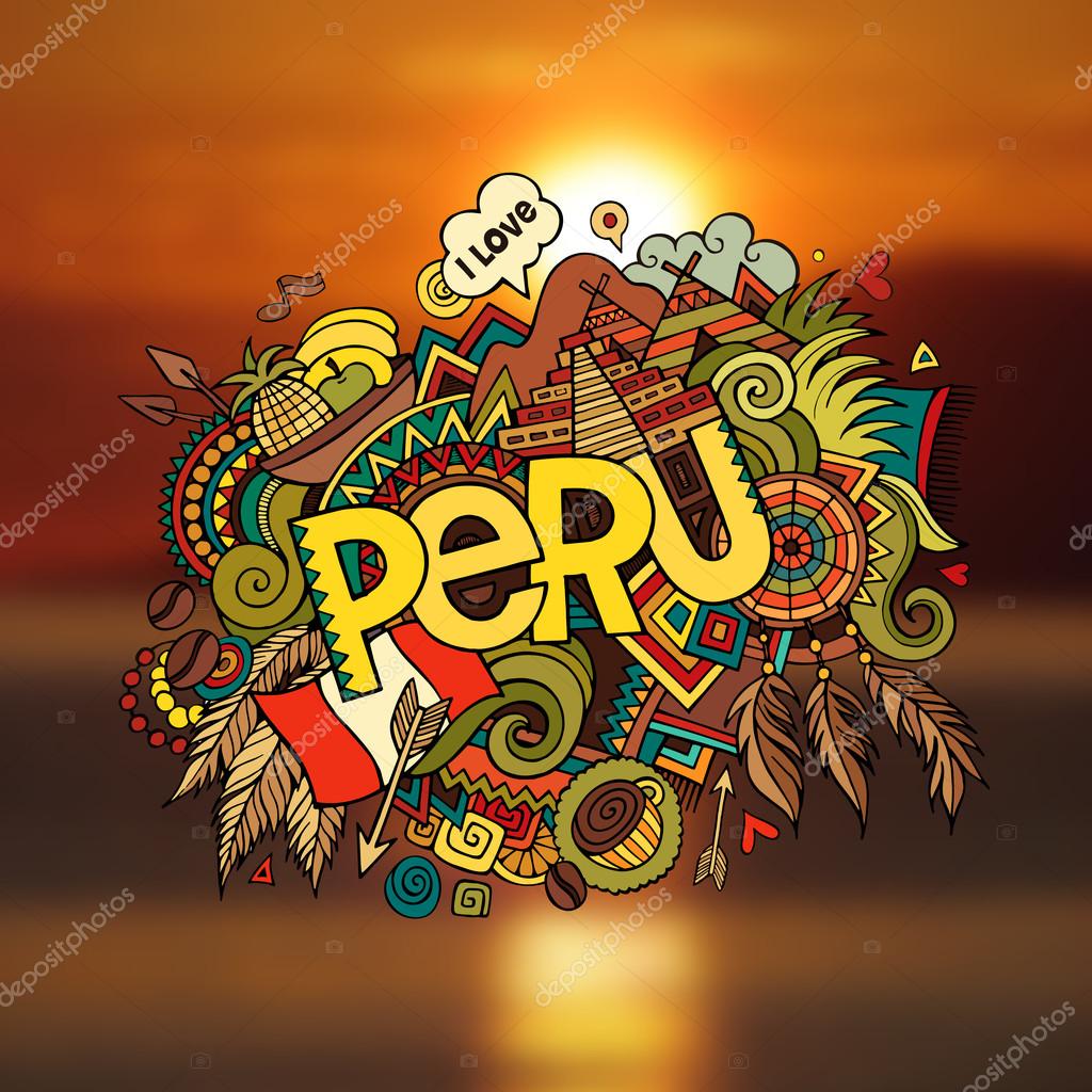 Perú letras de mano y doodles elementos de fondo . vector, gráfico ...