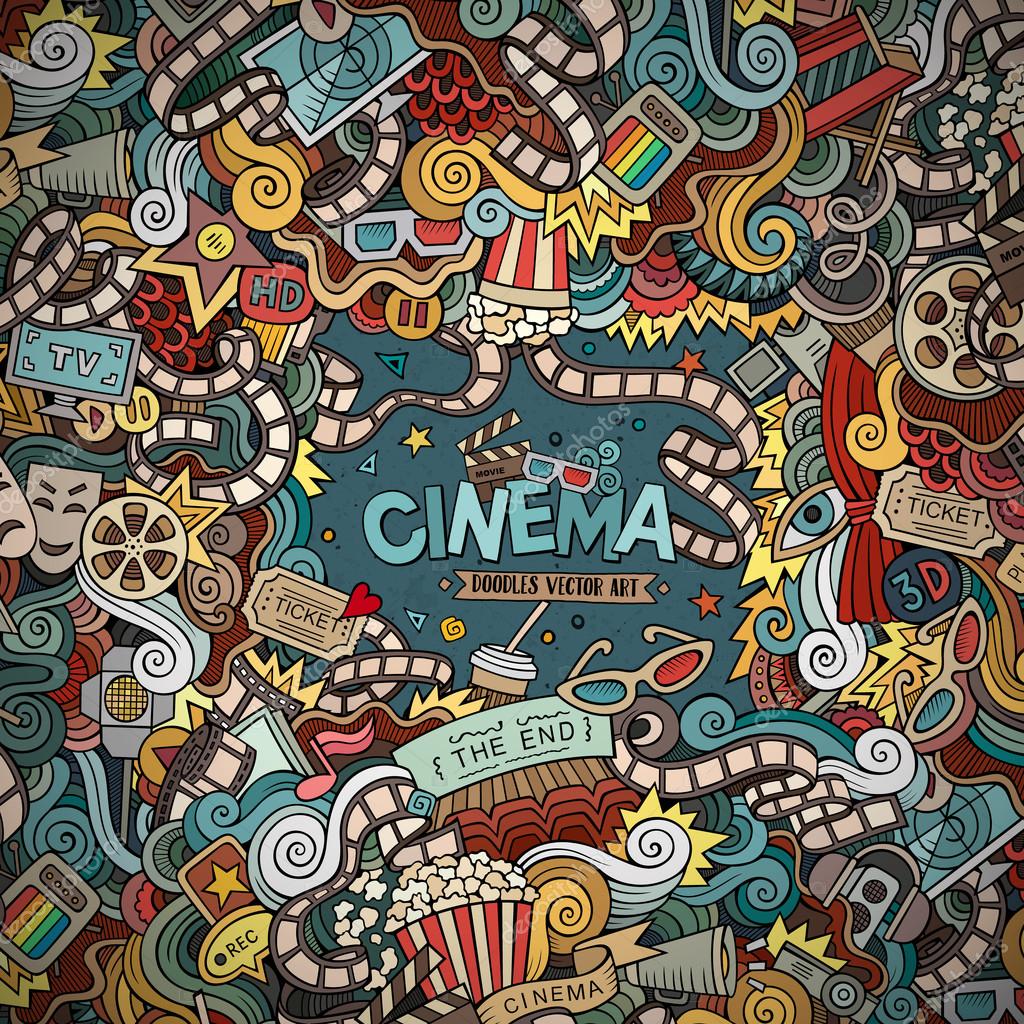 Cartoon vector hand-drawn Cinema Doodle frame. Colorful design — Stock ...