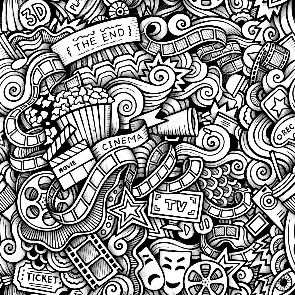 Cartoon hand-drawn doodles on the subject of Cinema style theme Stock ...