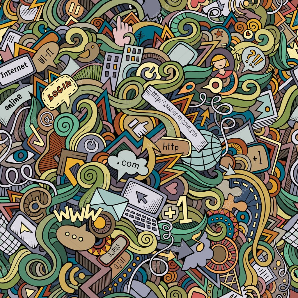 Cartoon hand-drawn doodles Internet social seamless pattern Stock ...