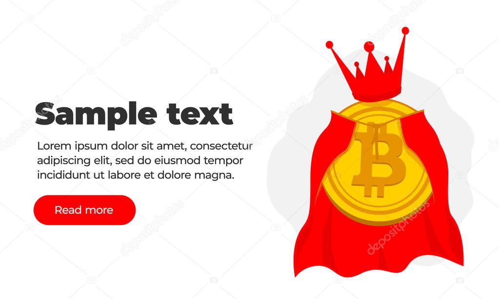 Moneda de oro de bitcoin criptomoneda virtual en una corona de oro y manto real. Una bandera muy ...